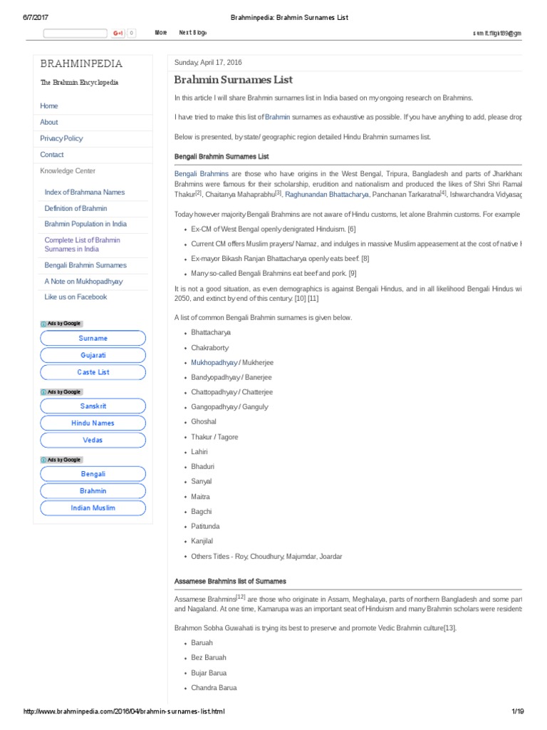 Brahminpedia_ Brahmin Surnames List.pdf | Bangladesh | Social Groups Of ...