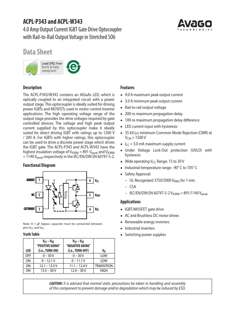 Data Sheet: ACPL-P343 and ACPL-W343 | PDF | Insulator (Electricity) | Amplifier