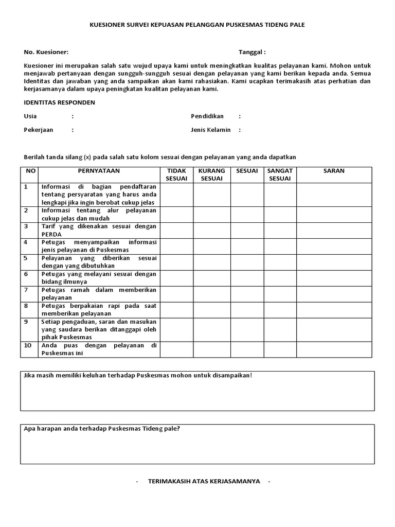 Kuesioner Survei Kepuasan Pelanggan Puskesmas Tideng Pale | PDF