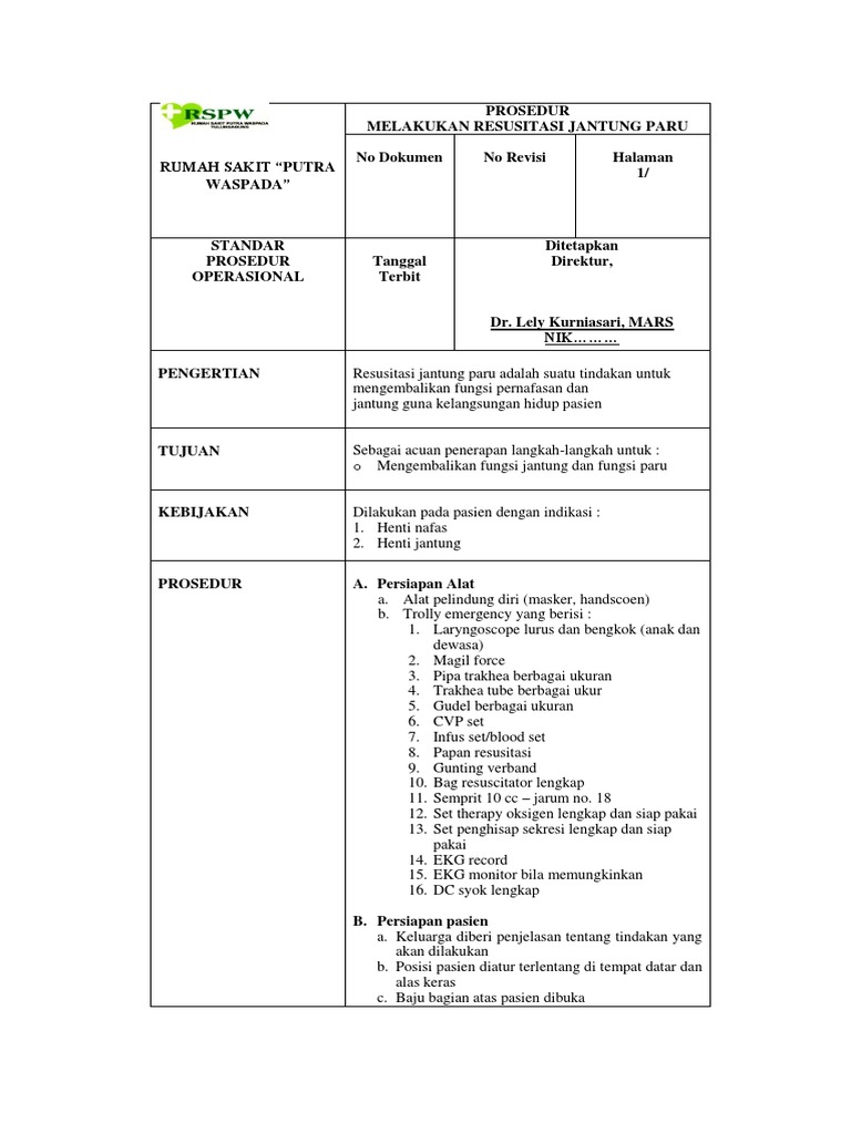 Sop Resusitasi Jantung Dan Paru (RJP) | PDF