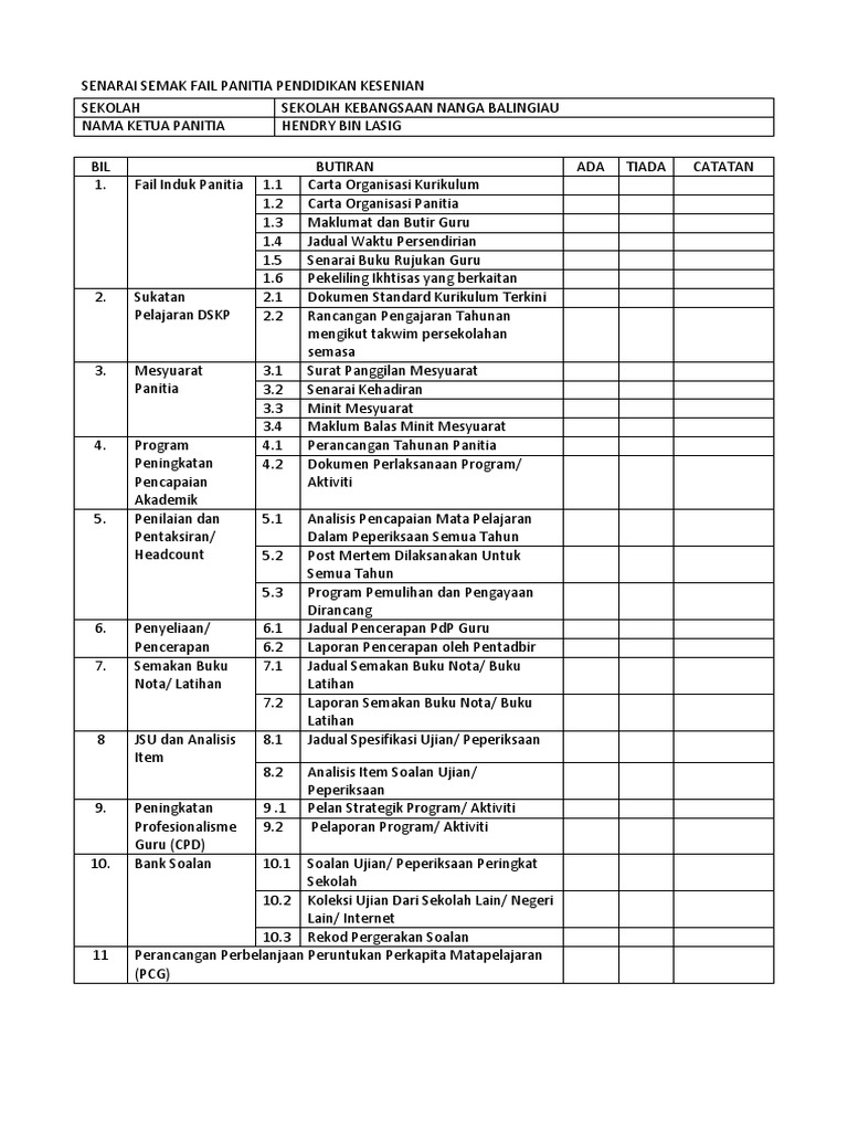 Senarai Semak Fail Panitia Pendidikan Kesenian | PDF