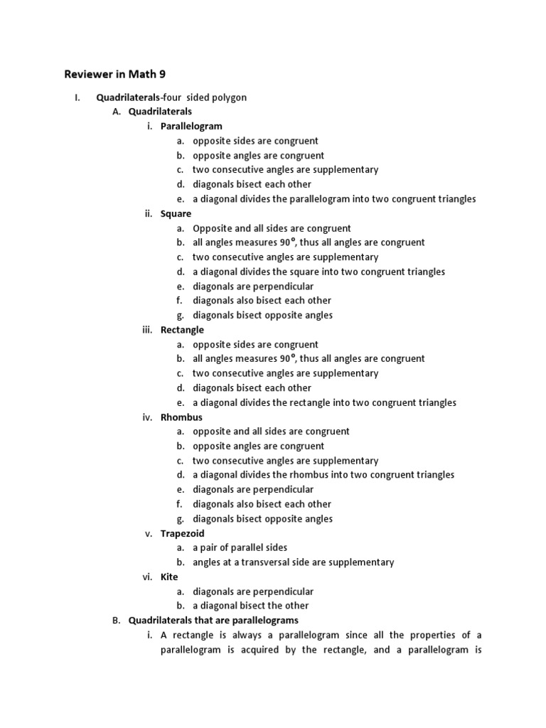 Reviewer in Math 9 3rd Quarter | PDF | Rectangle | Triangle