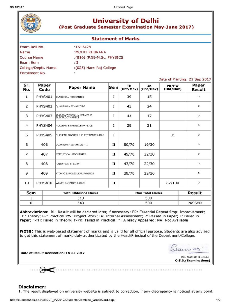 Transcripts Masters of Science | PDF