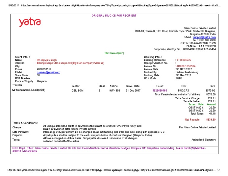 Original Invoice for Upcoming Flight Booking from Delhi to Mumbai on ...