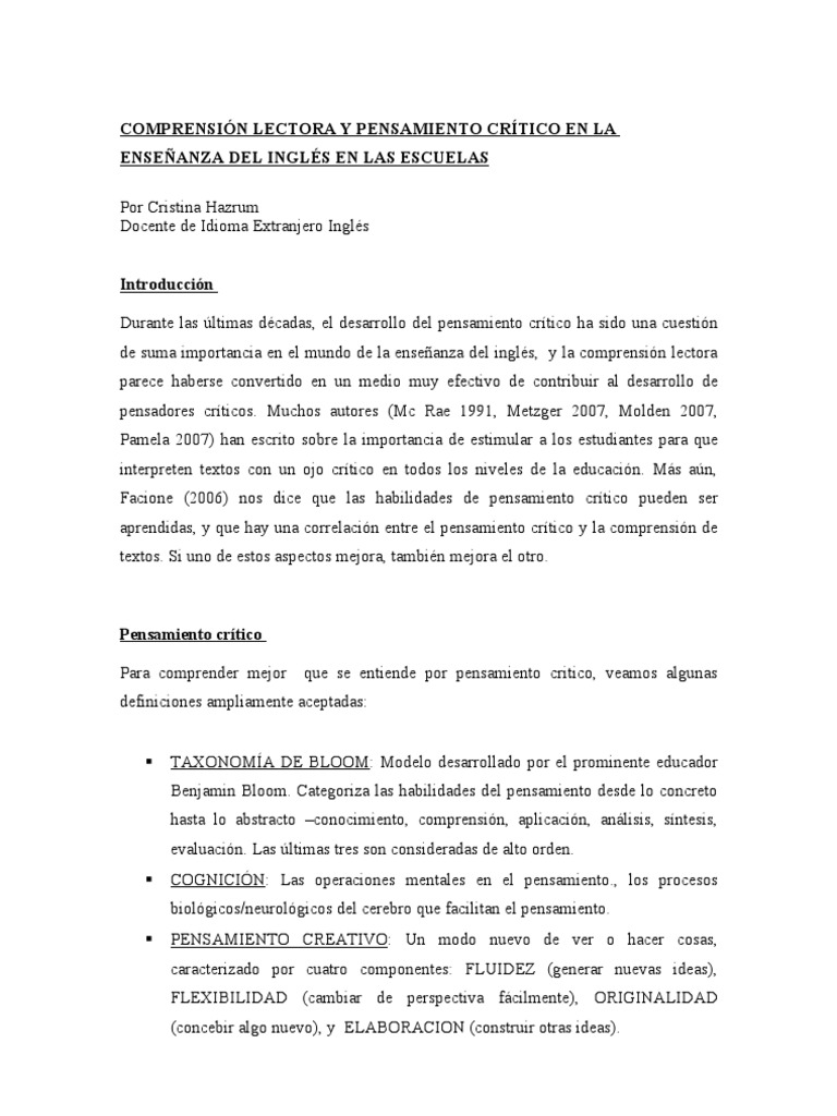 Comprension Lectora y Pensamiento Critico en La Enseñanza Del Ingles en ...