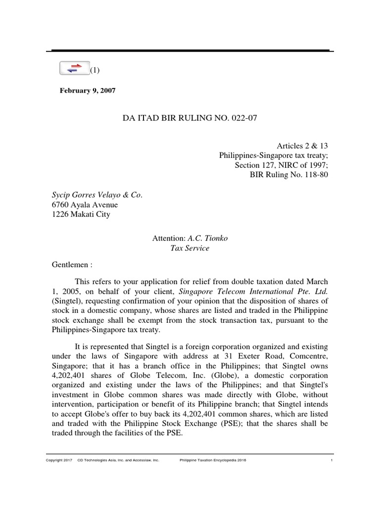 DA ITAD BIR Ruling No. 022-07 Dated February 9, 2007 | PDF | Capital ...