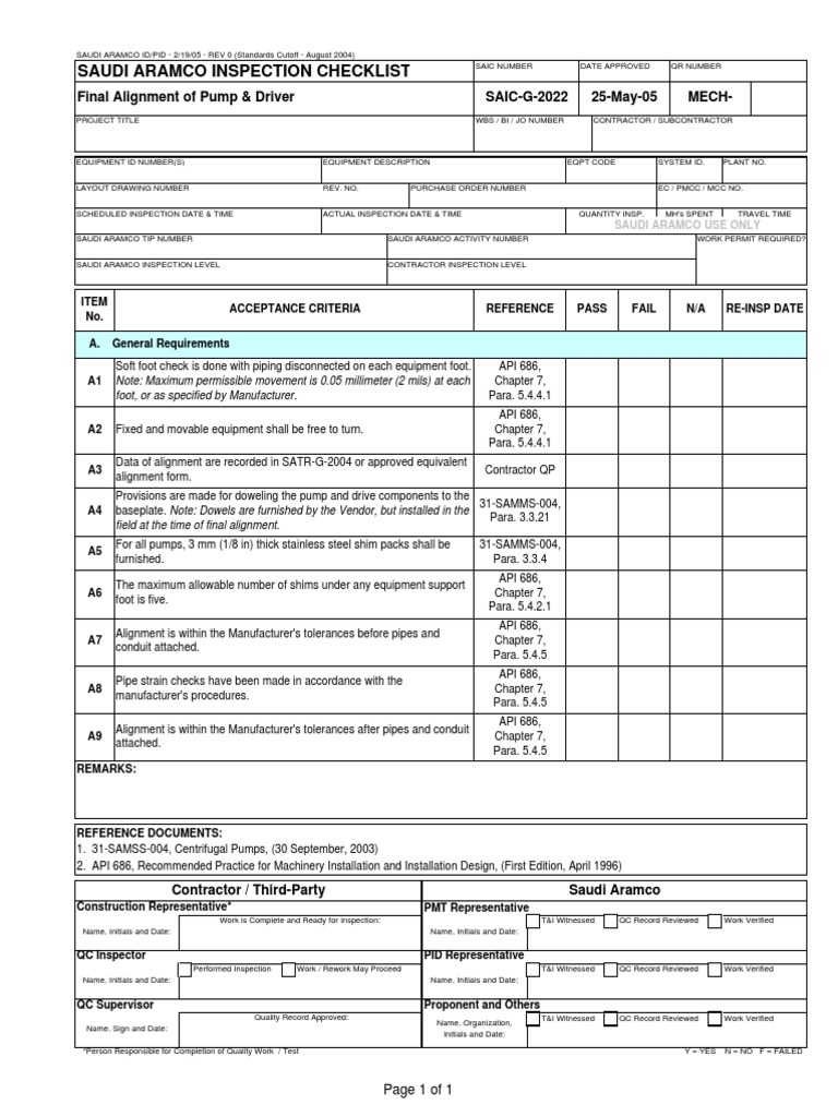 SAUDI ARAMCO PUMP ALIGNMENT CHECKLIST | PDF | Pipe (Fluid Conveyance ...
