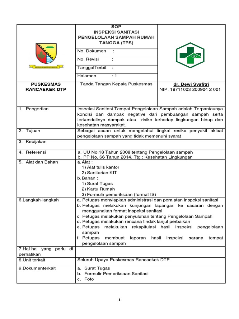Sop Inspeksi Sanitasi Tps | PDF