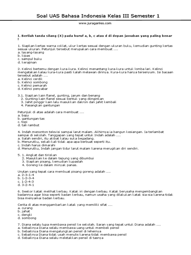Soal Bahasa Indonesia Kelas 3 | PDF | Griya & Taman