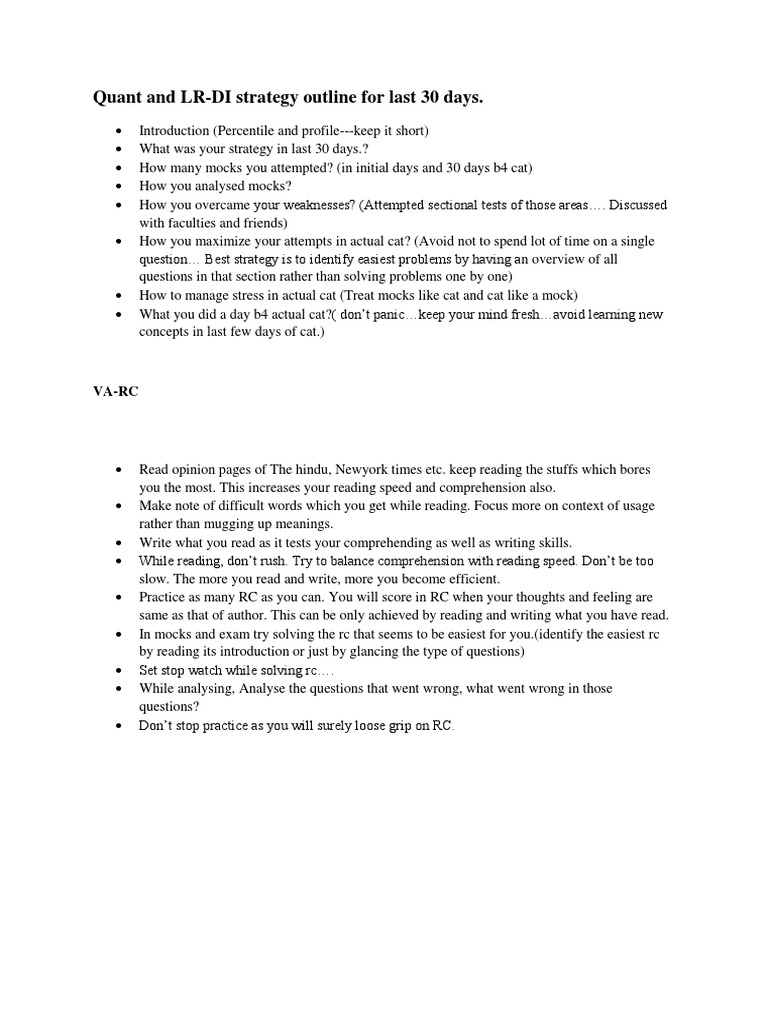 Quant and LR-DI Strategy Outline For Last 30 Days.: Va-Rc | PDF
