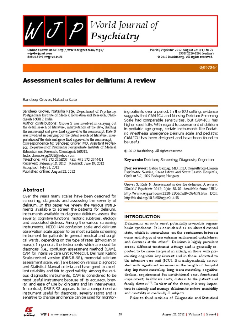 Assessment Scale For Delirium | PDF | Dementia | Psychological Evaluation