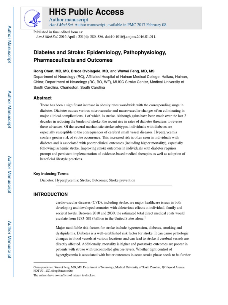 HHS Public Access: Diabetes and Stroke: Epidemiology, Pathophysiology ...