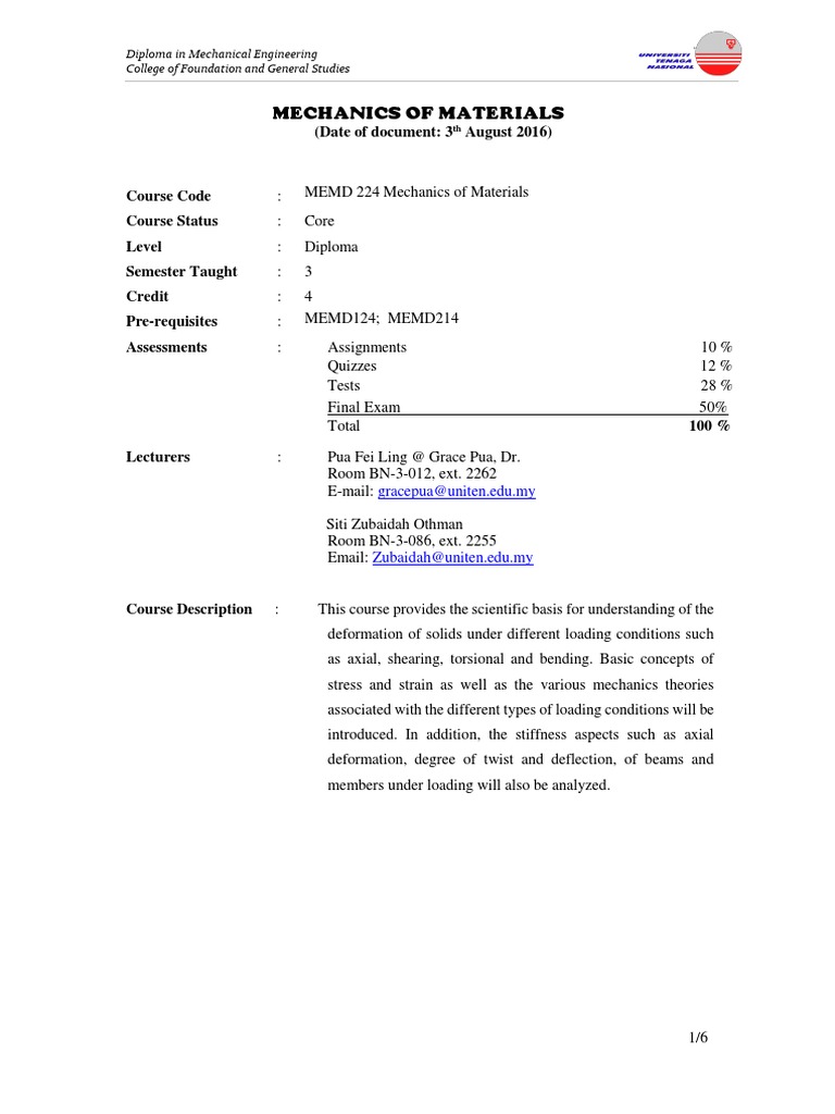 UNITEN Course Outlines MEMD224 Mechanics of Materials Sem 2 2017 2018 PDF | PDF | Bending | Beam ...