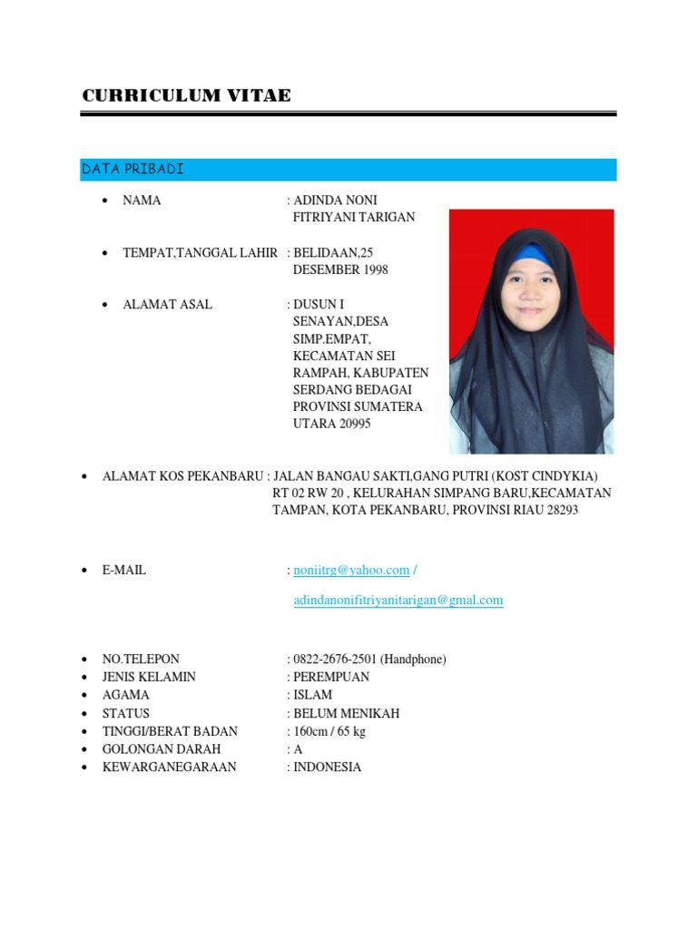 Curriculum Vitae Adinda Noni Fitriyani Tarigan | PDF