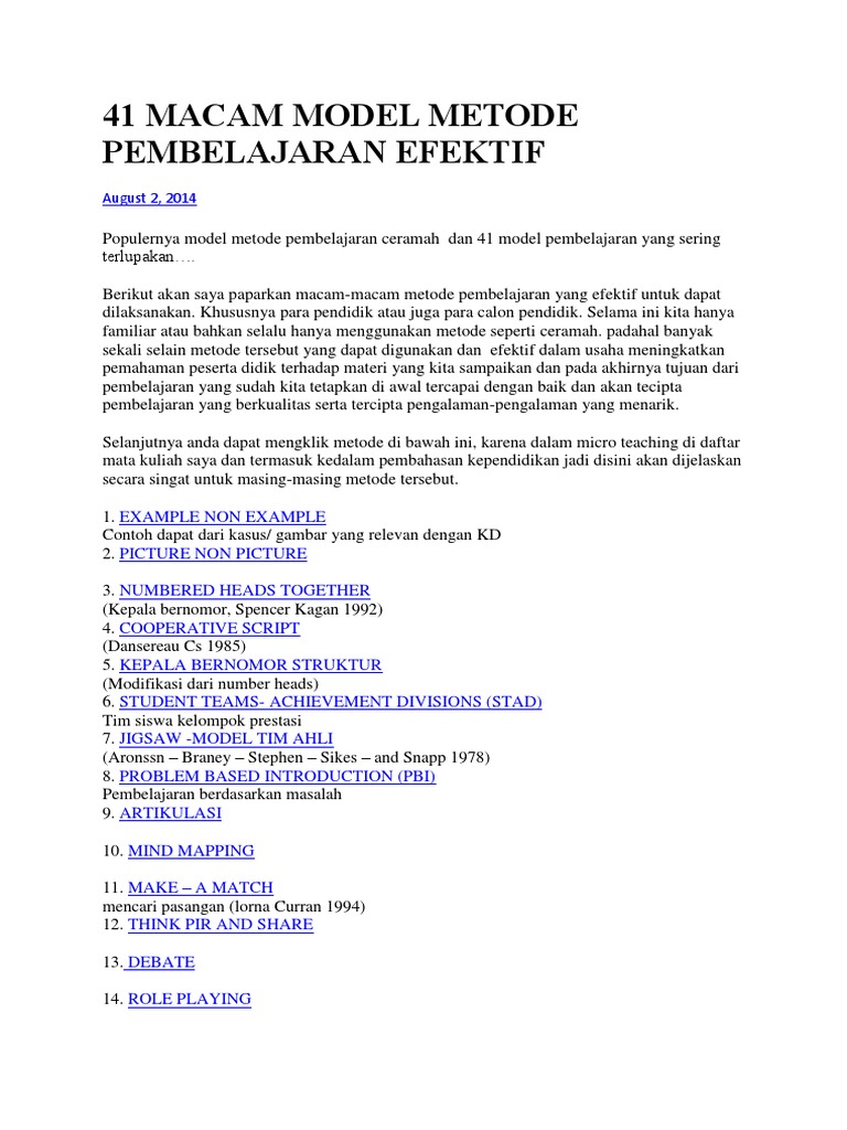 41 Macam Model Metode Pembelajaran
