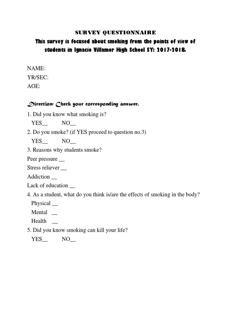 Survey Questionnaire This Survey Is Focused About Smoking From The ...