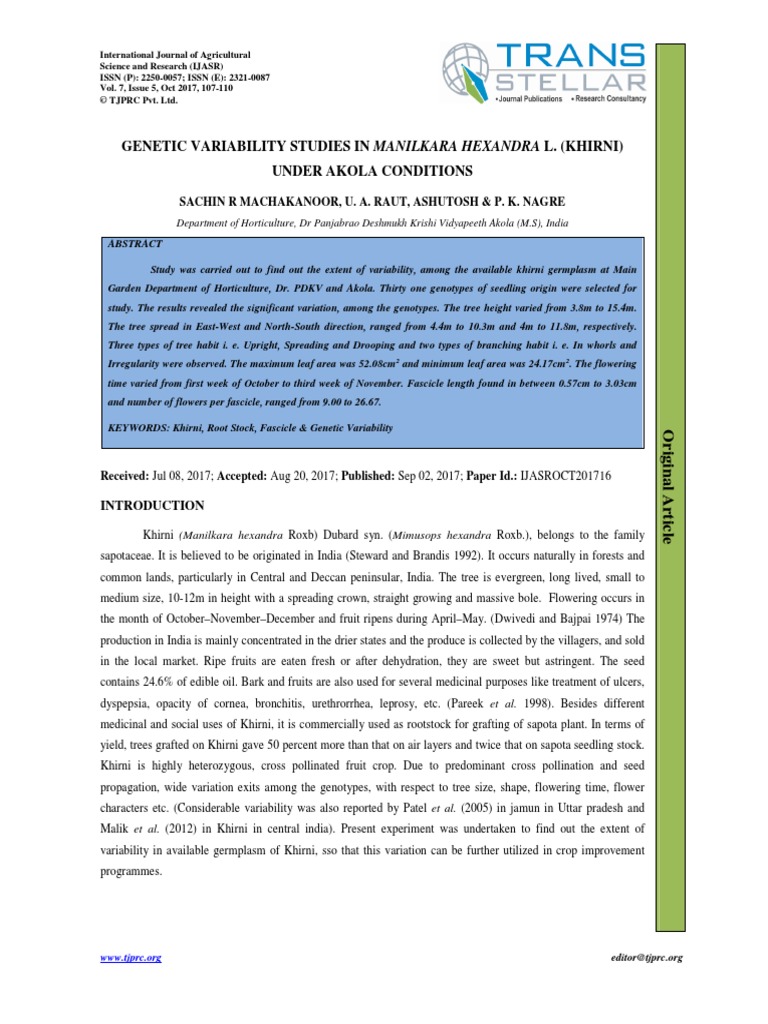 Genetic Variability Studies in Manilkara Hexandra L. (Khirni) Under ...
