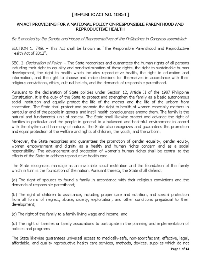 Republic Act No 10354 RPRH Law | PDF | Reproductive Health | Family ...