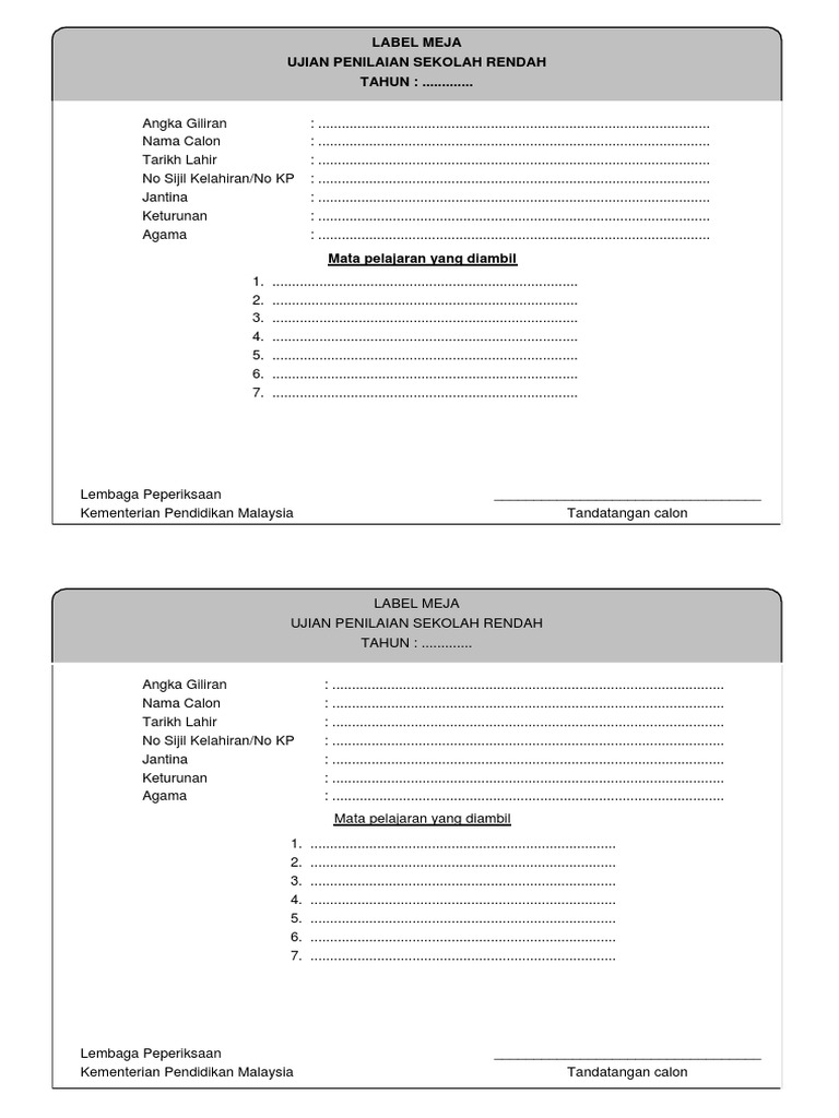 Label Meja UPSR Kosong PDF | PDF