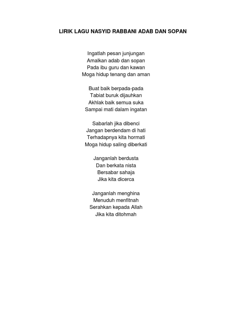 Lirik Lagu Nasyid Rabbani Adab Dan Sopan | PDF