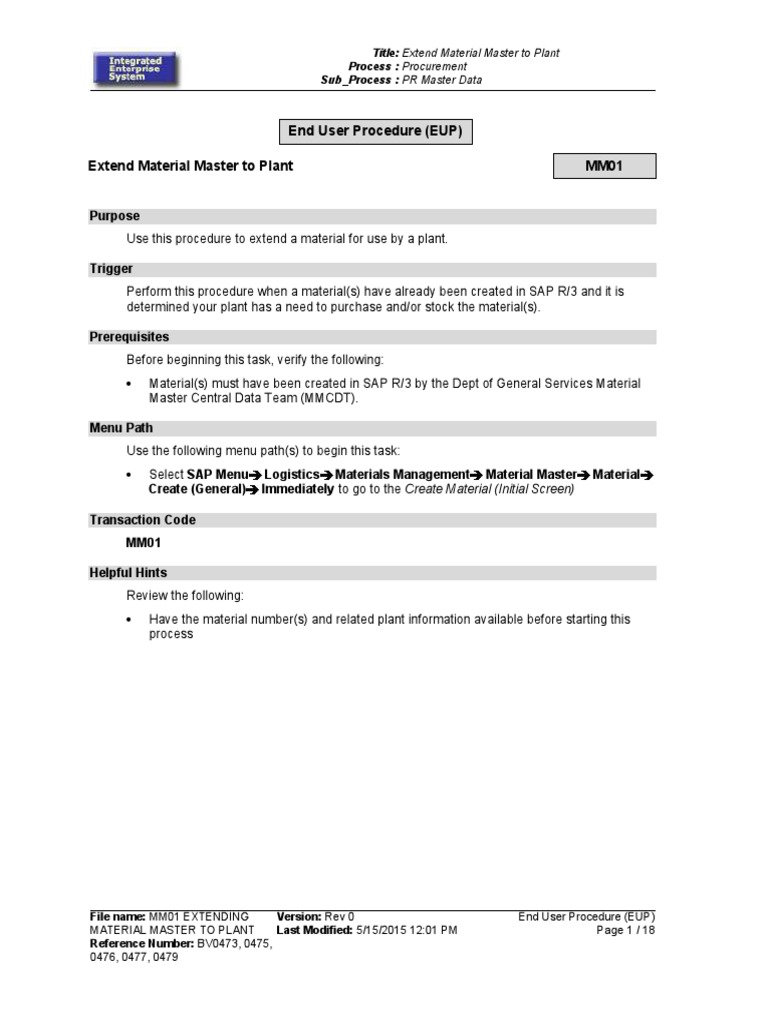 MM 01 Extending Material Master To Plant | PDF | Procurement | Icon ...
