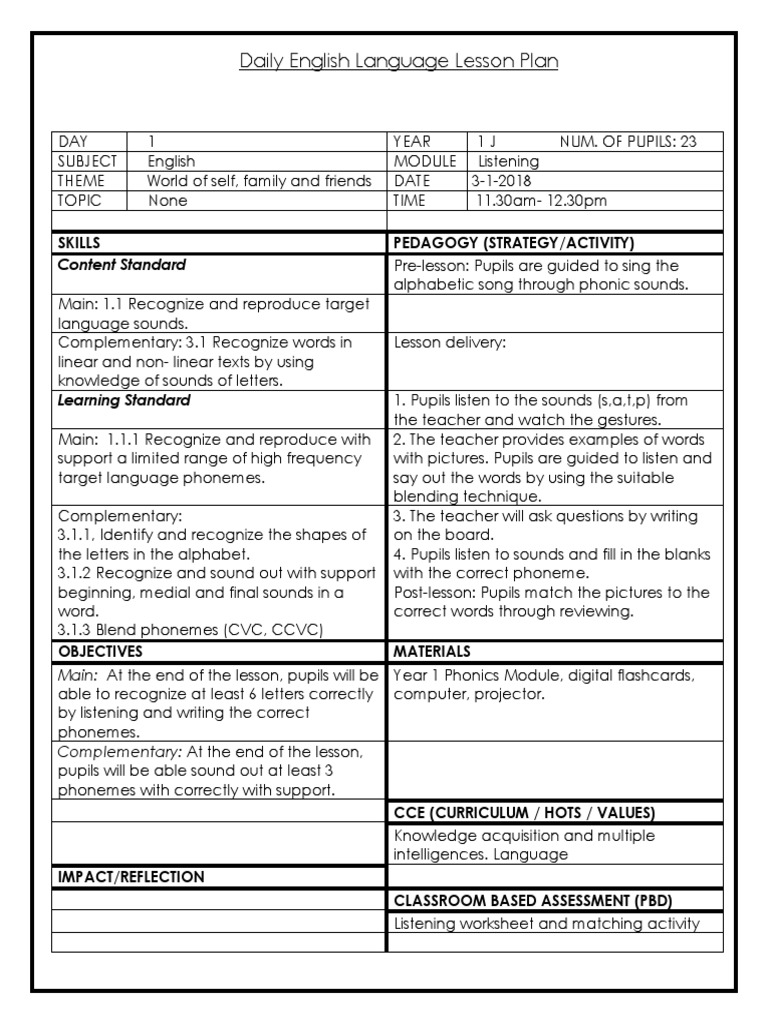 Year 1 Phonics Lesson Plan 1 | PDF | Phonics | Lesson Plan