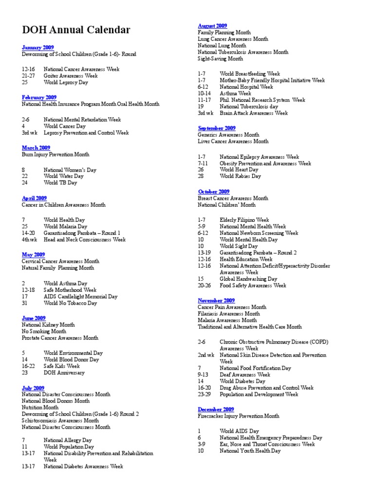 DOH Annual Calendar | PDF | Cancer | Clinical Medicine