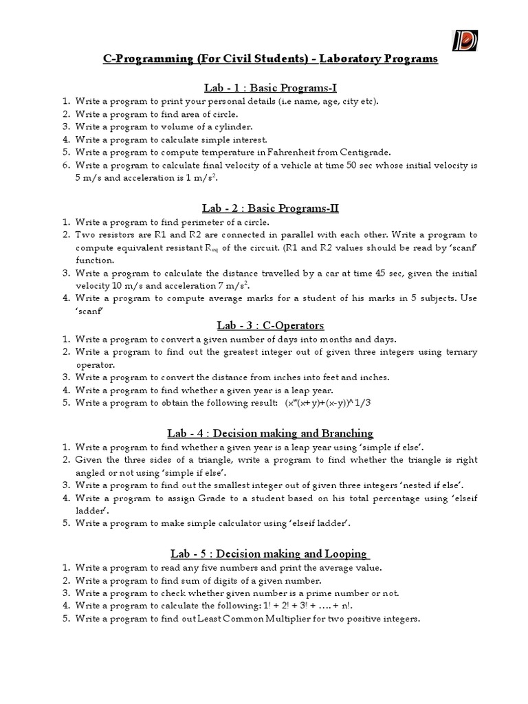 C-Programming (For Civil Students) - Laboratory Programs: Lab - 1: Basic Programs-I | PDF ...