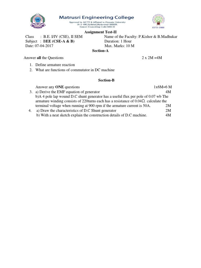 Bee II Assignment Testquestion Paper | PDF