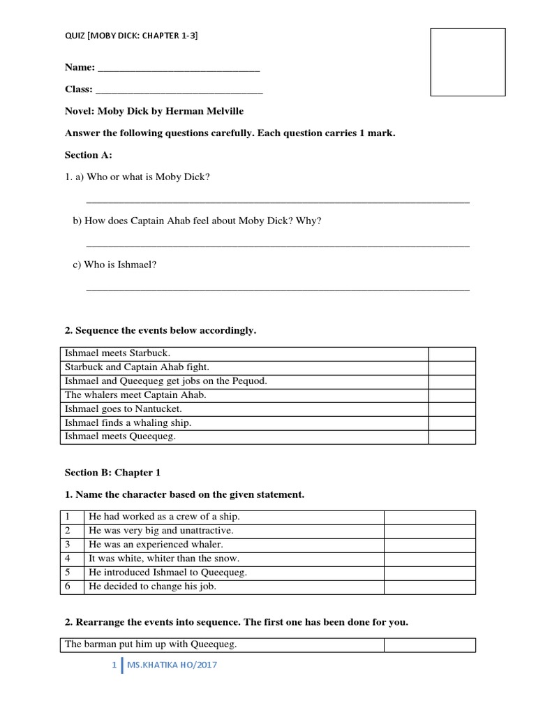 Moby Dick Quiz: Chapters 1-3 | PDF | Moby Dick | Ishmael (Moby Dick)