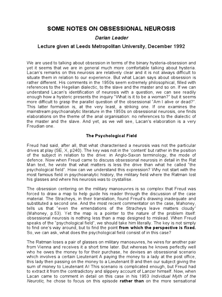 Some Notes On Obsessional Neurosis Darian Leader | PDF | Jacques Lacan ...