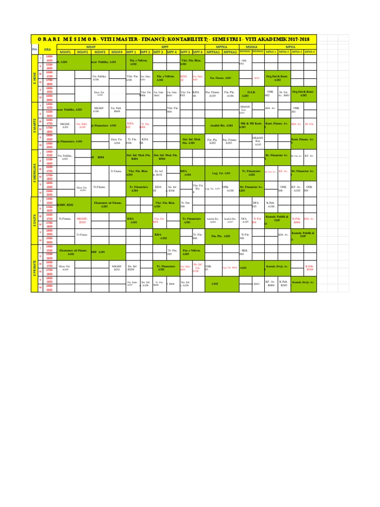 Orari Mësimor, Master, Viti I | PDF