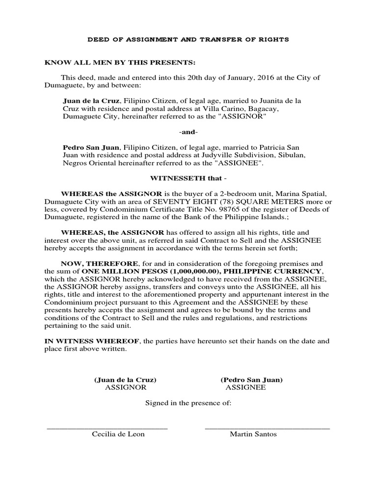 Deed of Assignment and Transfer of Rights | Assignment (Law) | Contract Law