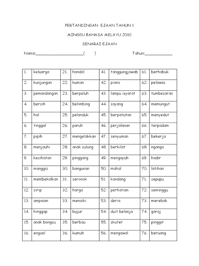 SENARAI EJAAN PERTAHUNAN MURID TAHUN SATU | PDF