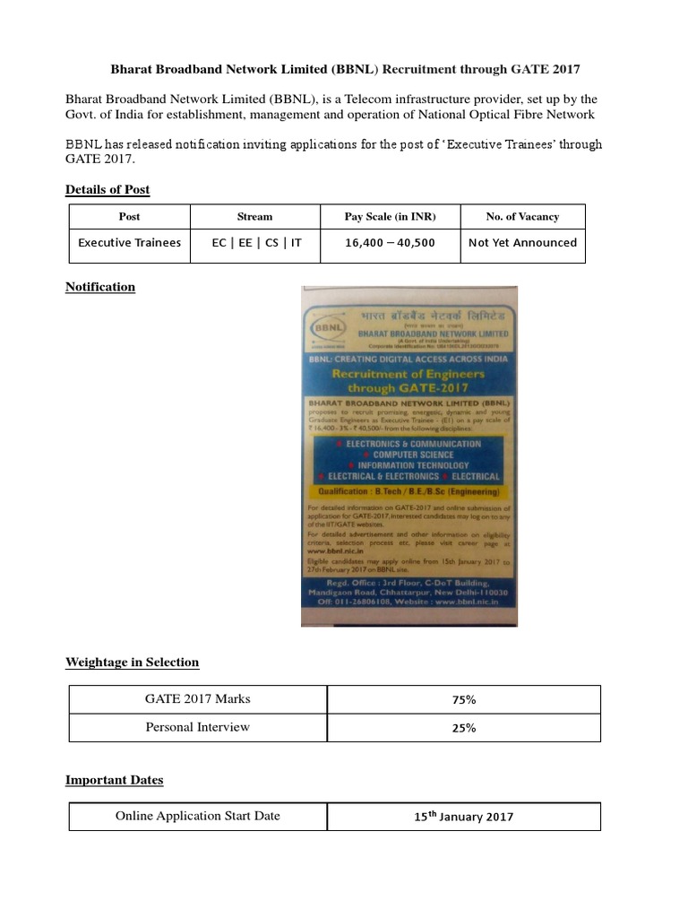 Bharat Broadband Network Limited (BBNL) : Recruitment Through GATE 2017 ...