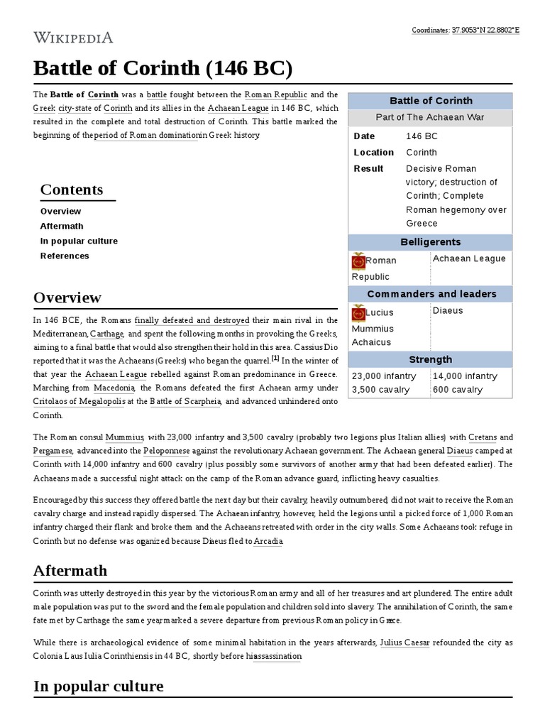 Battle of Corinth (146 BC) | PDF | Warfare Of Antiquity | 1st Millennium Bc