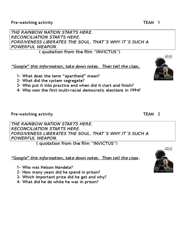 Invictus Film Video Movie Activities 55122 | PDF | Sports