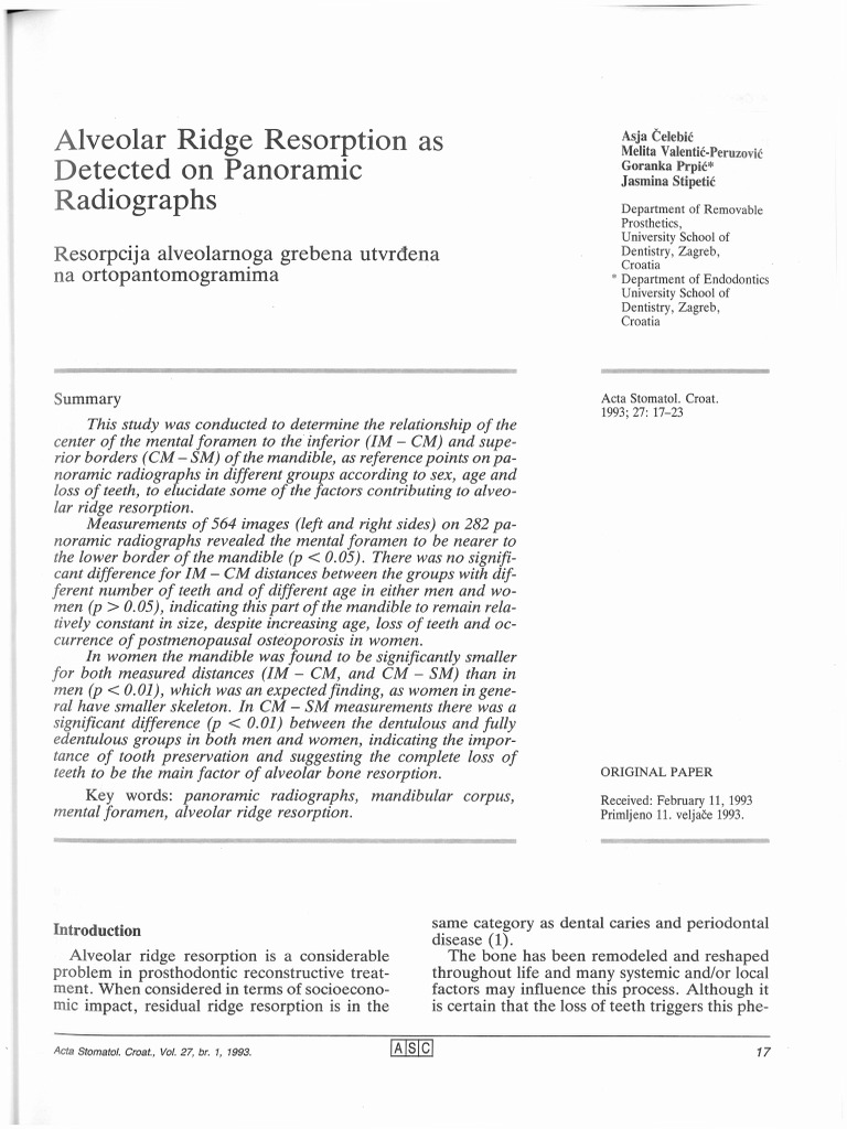 Alveolar Ridge Resorption As Ä ES ™ Detected On Panoramic Radiographs ...