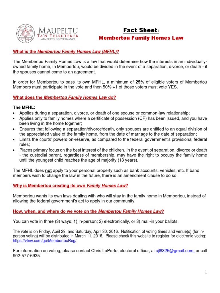 Membertou Family Homes Law Fact Sheet | PDF | Divorce | Best Interests