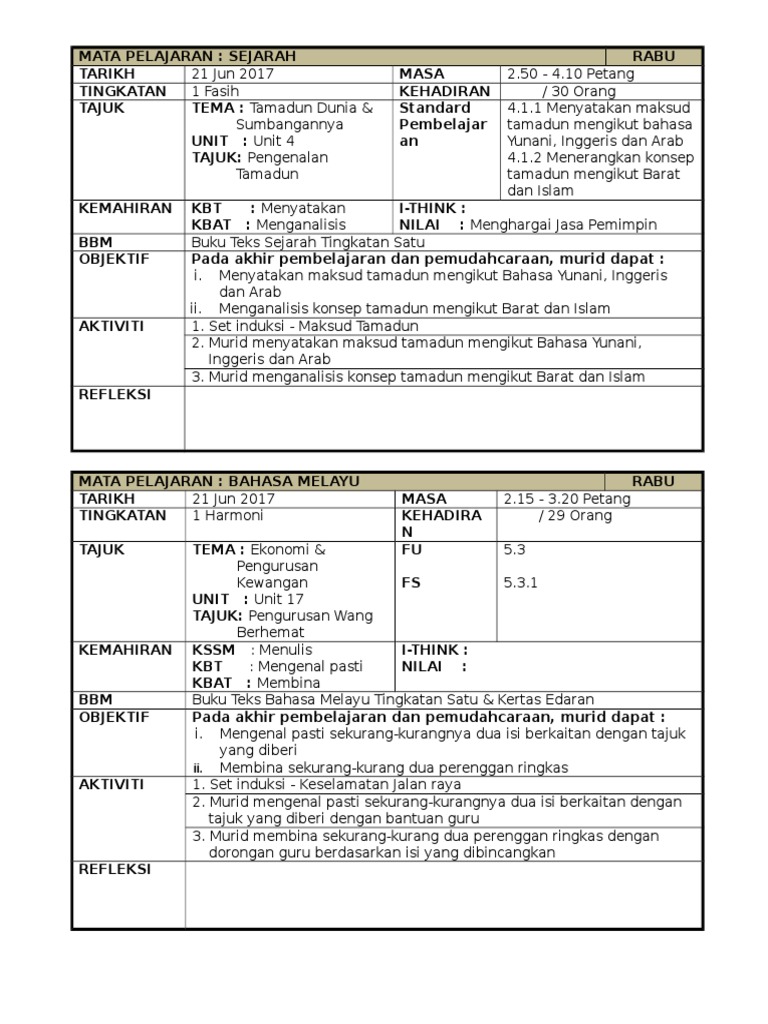 RPH KSSM BM Tingkatan Satu | PDF