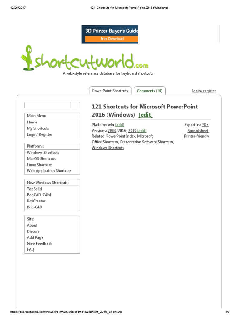 121 Shortcuts For Microsoft PowerPoint 2016 (Windows) | PDF | Microsoft ...