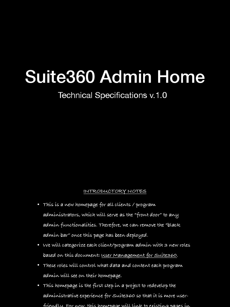 Suite360 Admin Homepage Specifications v.1.0 | PDF | Home Page | Cyberspace