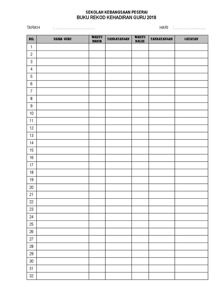 Buku Rekod Kehadiran Guru p1 | PDF