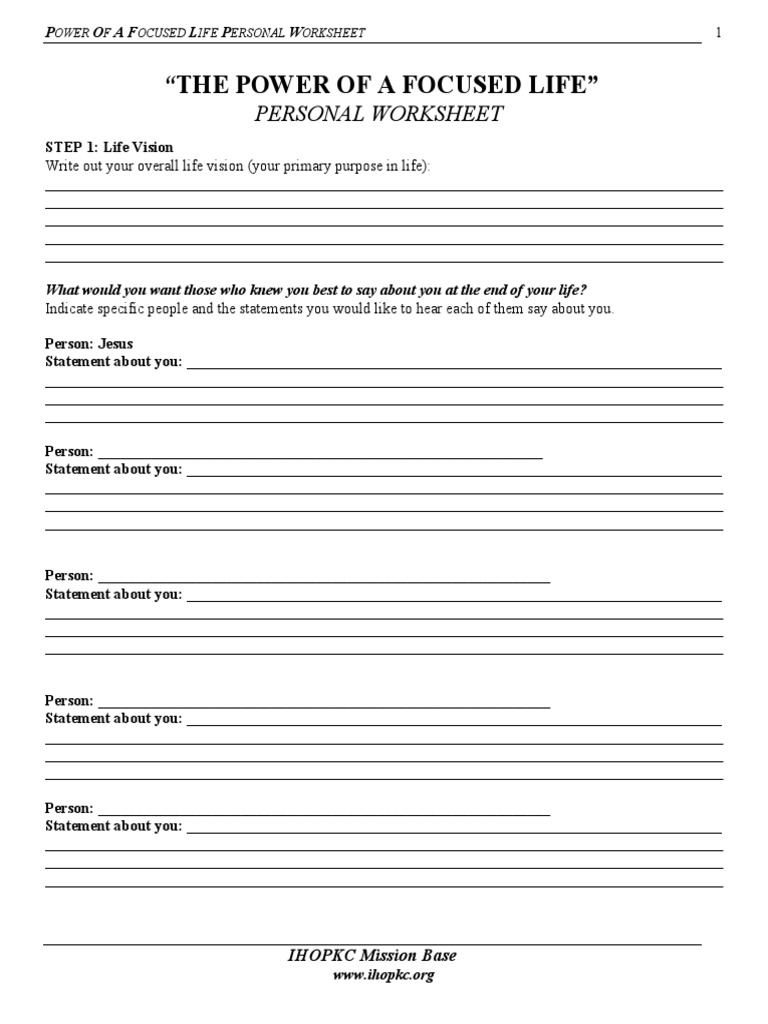 The Power of A Focused Life Personal Goals Worksheet | PDF | Religious ...