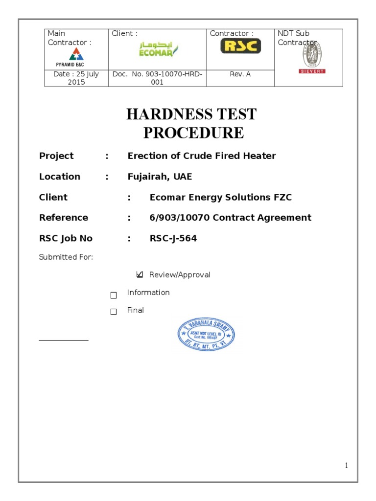 Hardness Testing Procedure for Erection | PDF | Nondestructive Testing ...