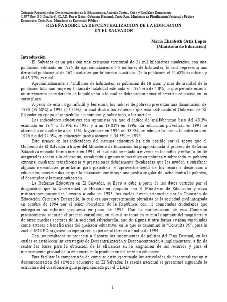 Desentralizacion De La Educacion En El Salvador Pdf El Salvador