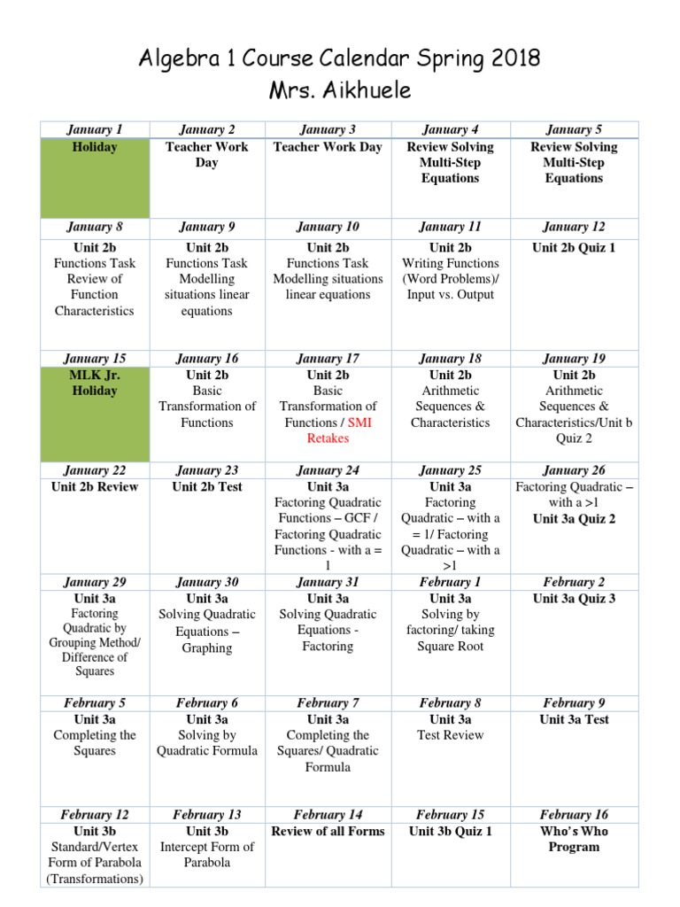 Algebra 1 Course Calendar | PDF | Quadratic Equation | Factorization
