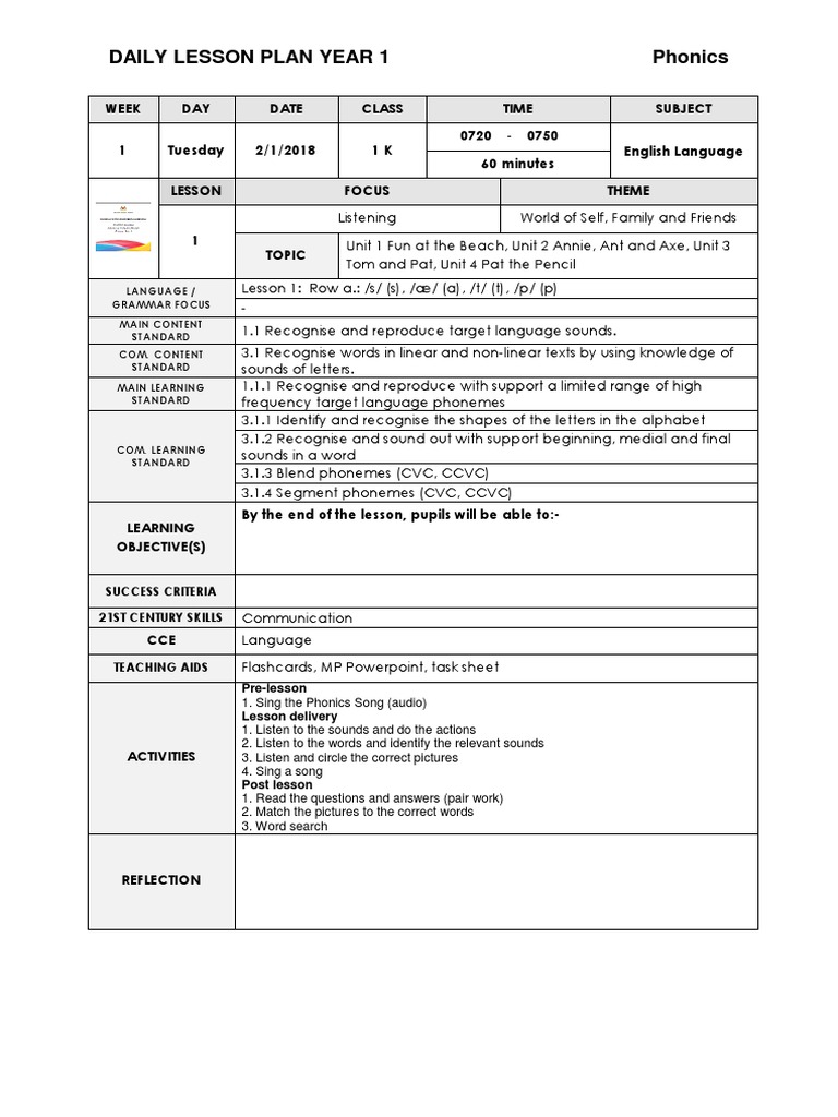 Template LP Eng Cefr Aligned Year 1 Phonics 2018 | PDF | Phonics ...