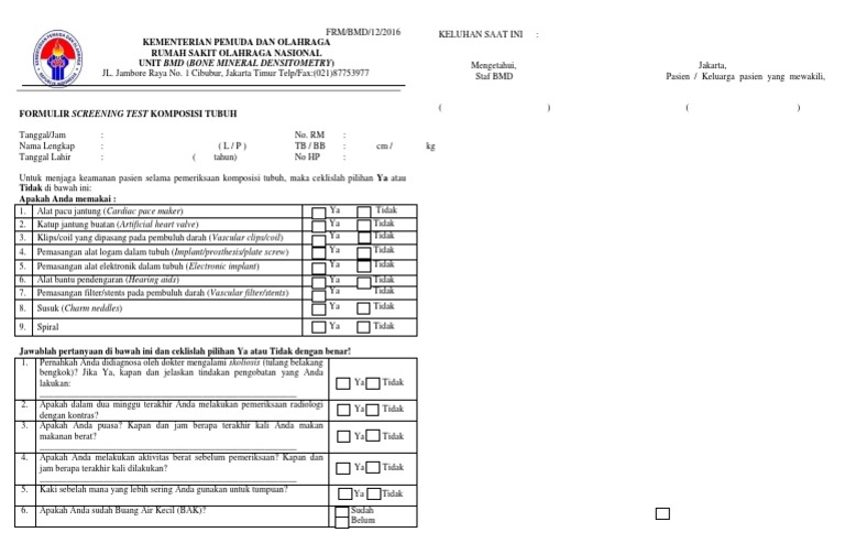 Formulir Screening Test Komposisi Tubuh 2 | PDF
