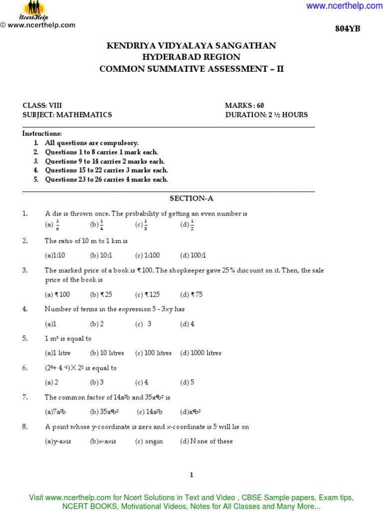 Class 8 CBSE Maths SA2 Question Paper | PDF | Teaching Mathematics